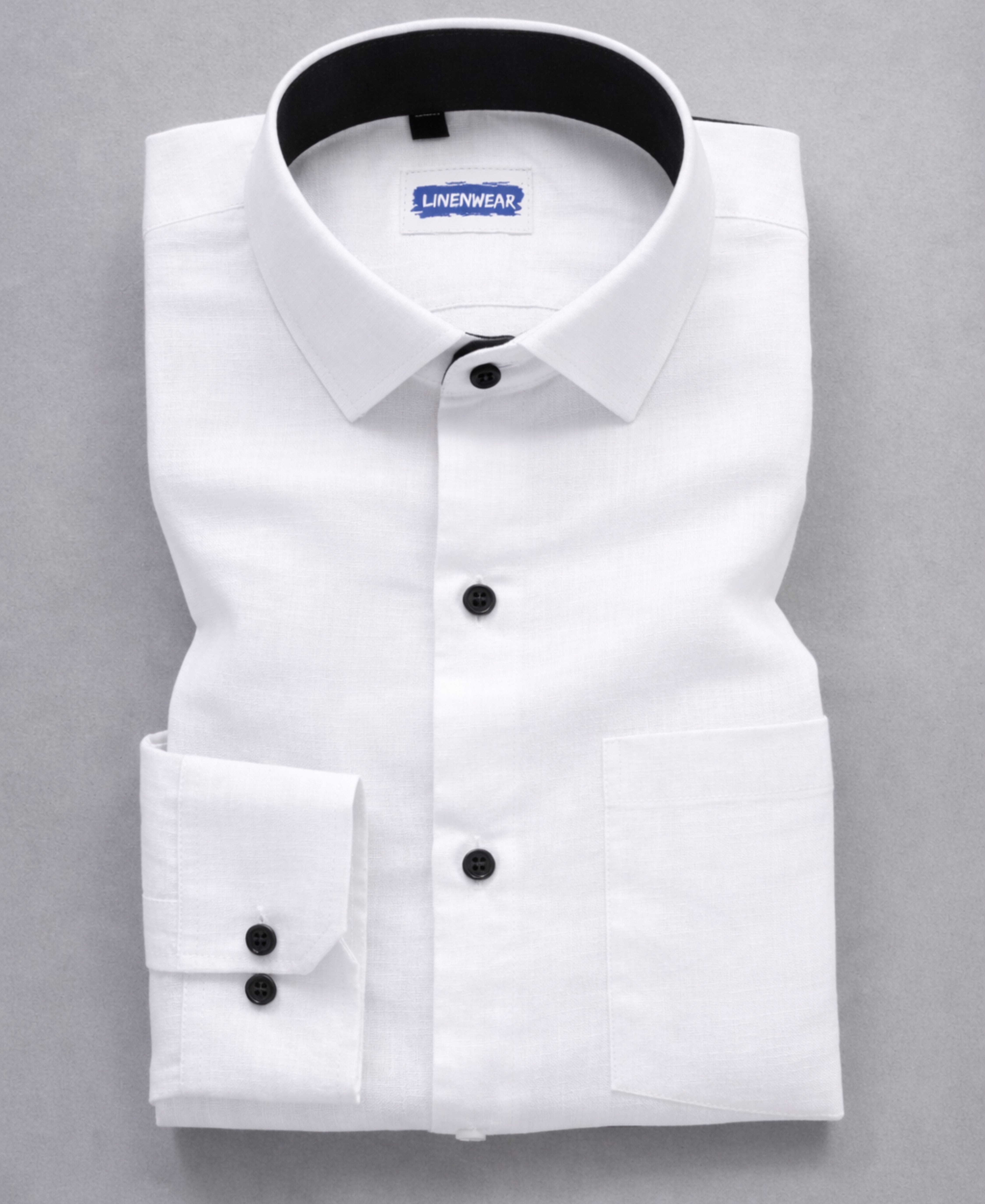 Pure Linen White Shirt With Black Button and Unique Collar – Linen Wear